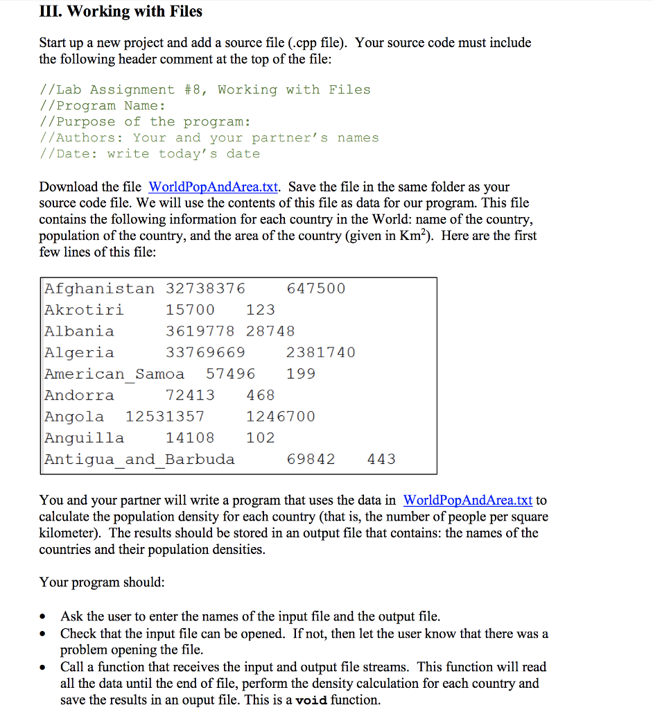 Solved III. Working with Files Start up a new project and | Chegg.com