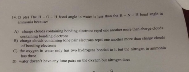 Solved The H - O - H bond angle in water is less than the H | Chegg.com