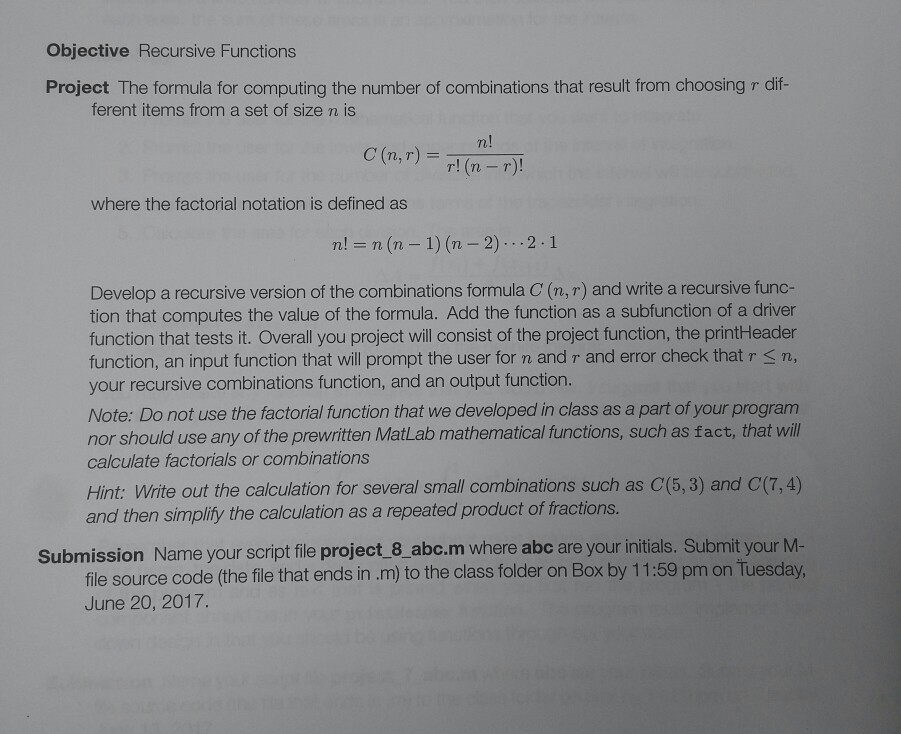 Solved Objective Recursive Functions Project The formula | Chegg.com