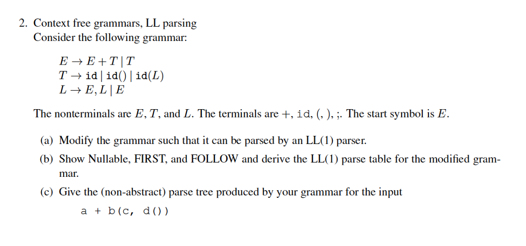 Solved 2. Context free grammars, LL parsing Consider the | Chegg.com