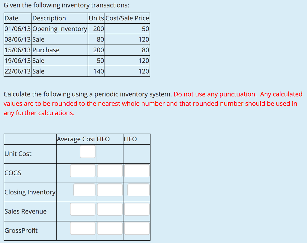 Solved Given the following inventory transactions: | Chegg.com