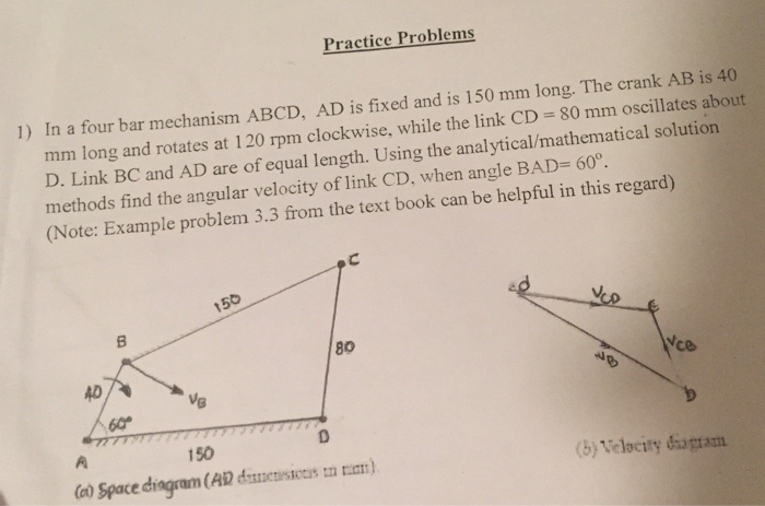 Solved In a four bar mechanism ABCD, AD is fixed and is 150 | Chegg.com
