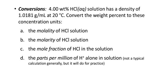 Solved Conversions: 4.00 wt% HCl(aq) solution has a density | Chegg.com