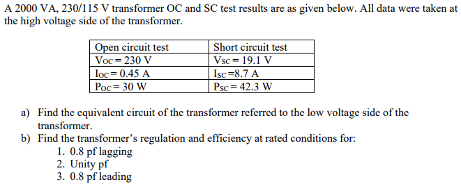 Solved A 2000 VA, 230/115 V transformer OC and SC test | Chegg.com