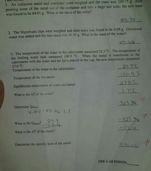 Solved 1. An unknown metal and container were weighed and | Chegg.com