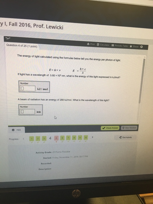Solved The energy of light calculated using the formulas | Chegg.com
