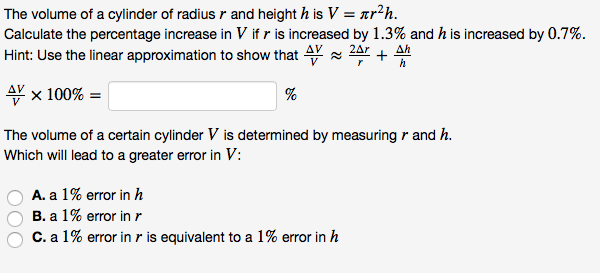 Solved The volume of a cylinder of radius r and height h | Chegg.com