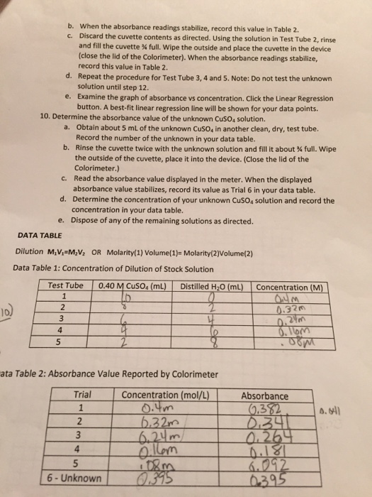 Solved b. When the absorbance readings stabilize, record | Chegg.com