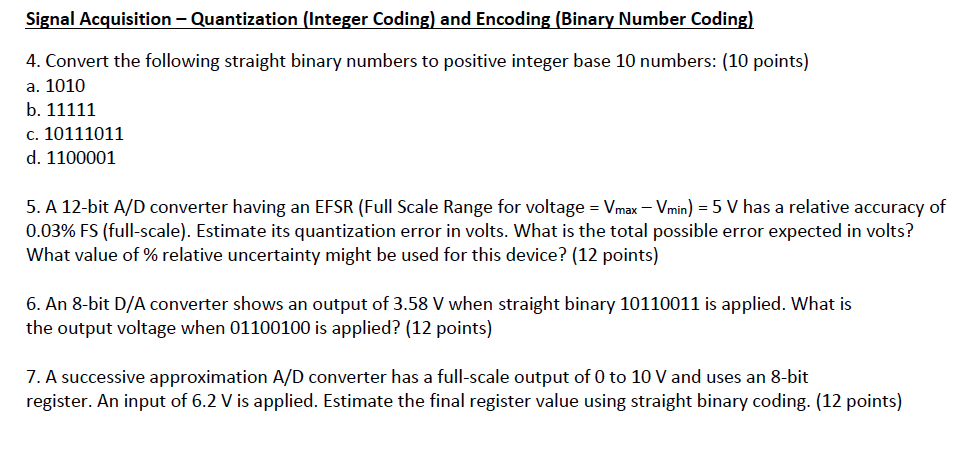 Solved Signal Acquisition Quantization Integer Coding