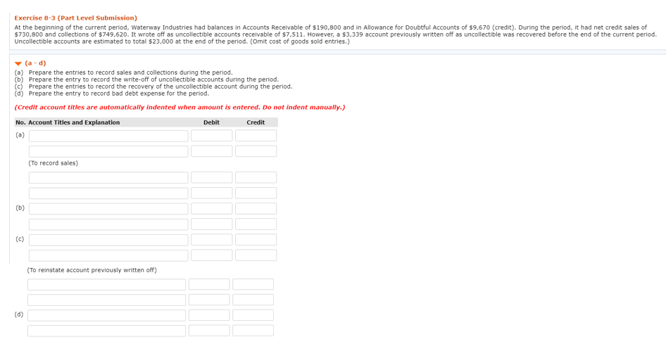 Solved Exercise 8-3 (Part Level Submission) At the beginning | Chegg.com