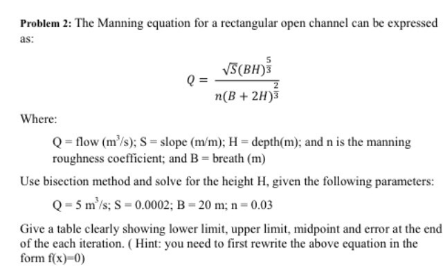 Solved Problem 2: The Manning equation for a rectangular | Chegg.com