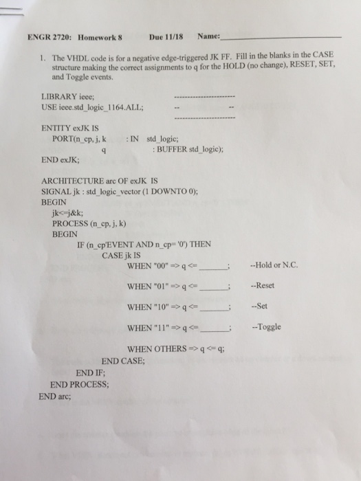 Solved The VHDL code is for a negative edge-triggered JK FF. | Chegg.com
