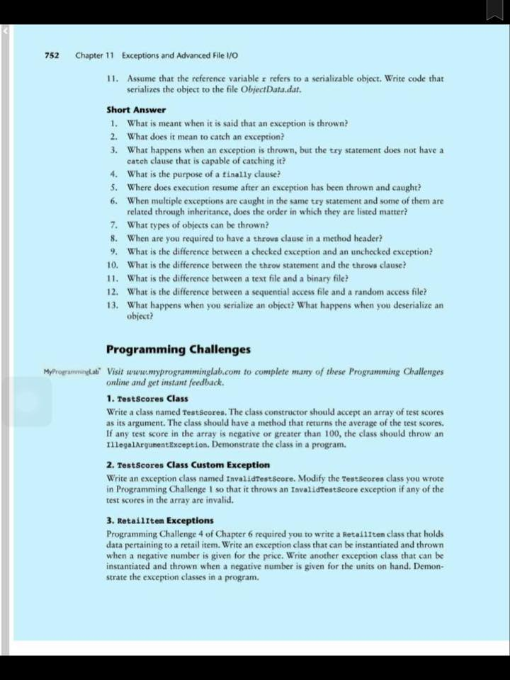 Solved 752 Chapter 11 Exceptions and Advanced File I/O 11. | Chegg.com