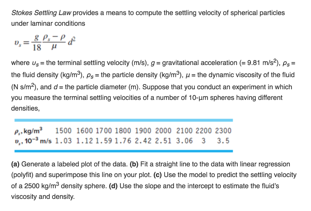 Solved Stokes Settling Law provides a means to compute the | Chegg.com
