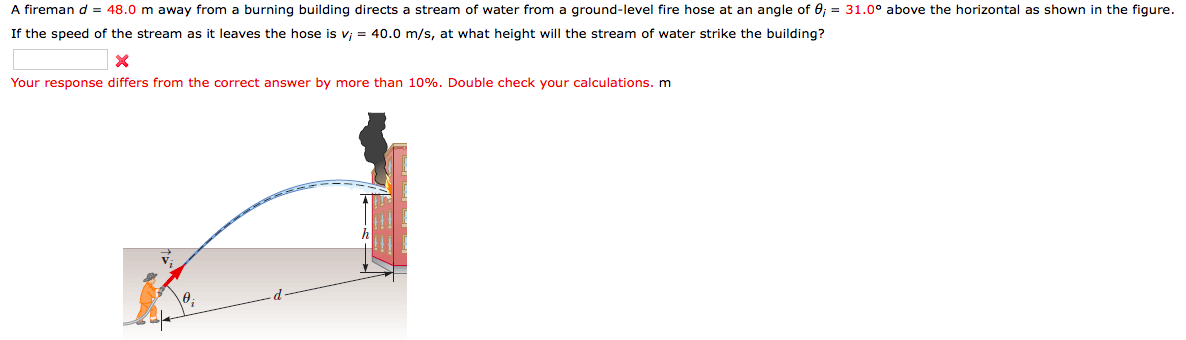 Solved A fireman d = 48.0 m away from a burning building | Chegg.com