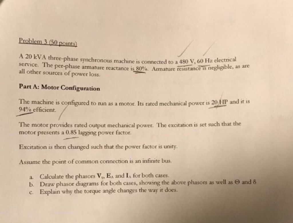Solved A 20 kVA three-phase synchronous machine is connected | Chegg.com