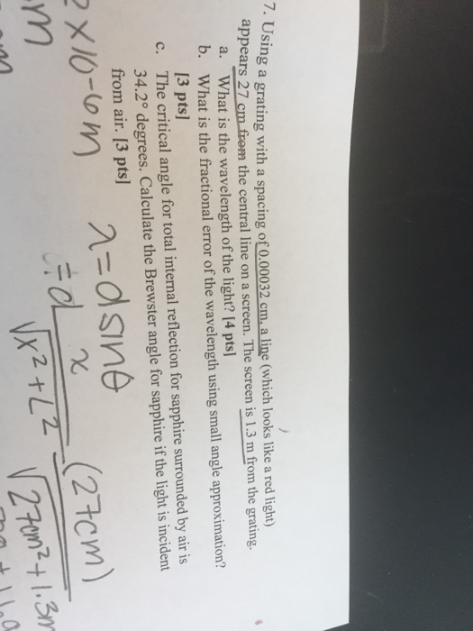 Solved Using a grating with a spacing of 0.00032 cm. a line | Chegg.com