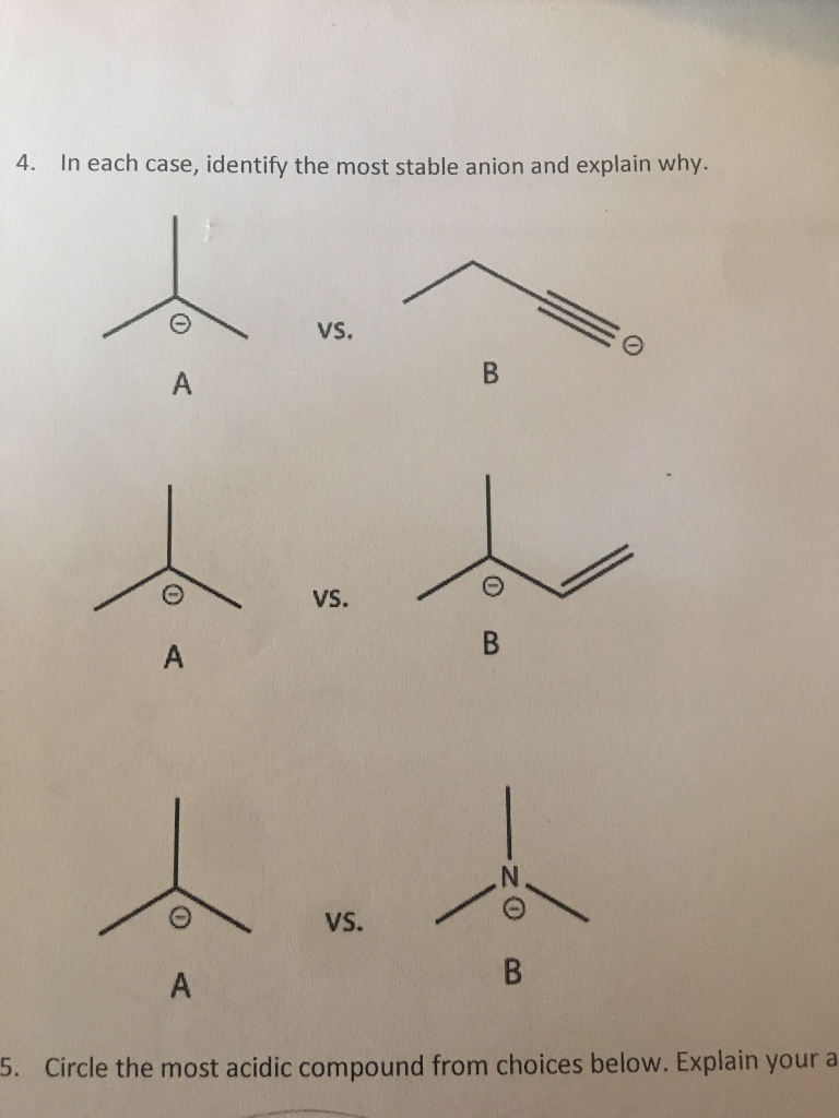 Solved In each case, identify the most stable anion and | Chegg.com