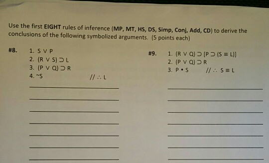Solved Use the first EIGHT rules of inference (MP, MT, HS, | Chegg.com