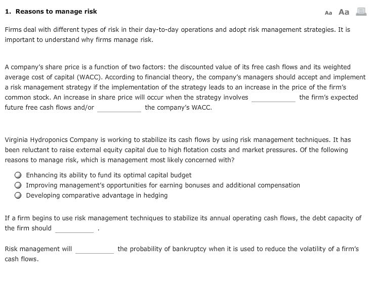 Solved 1. Reasons to manage risk Aa Aa Firms deal with | Chegg.com