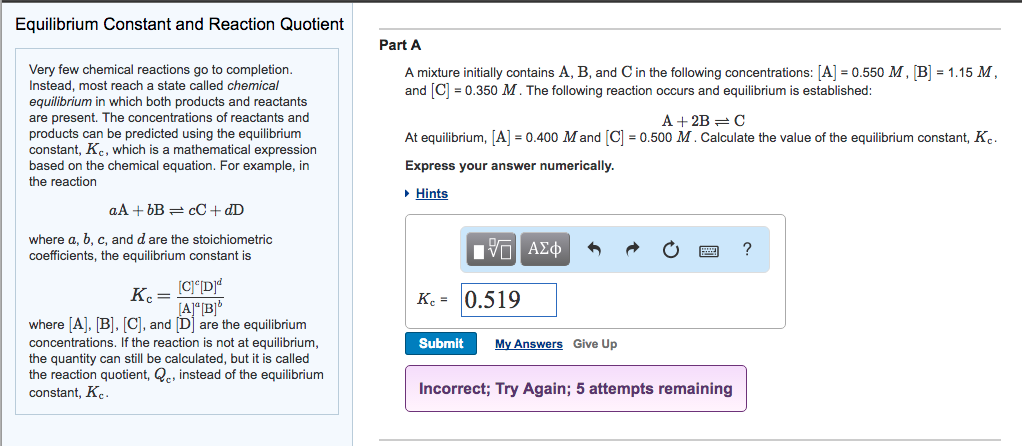 Solved Equilibrium Constant and Reaction Quotient Part A | Chegg.com