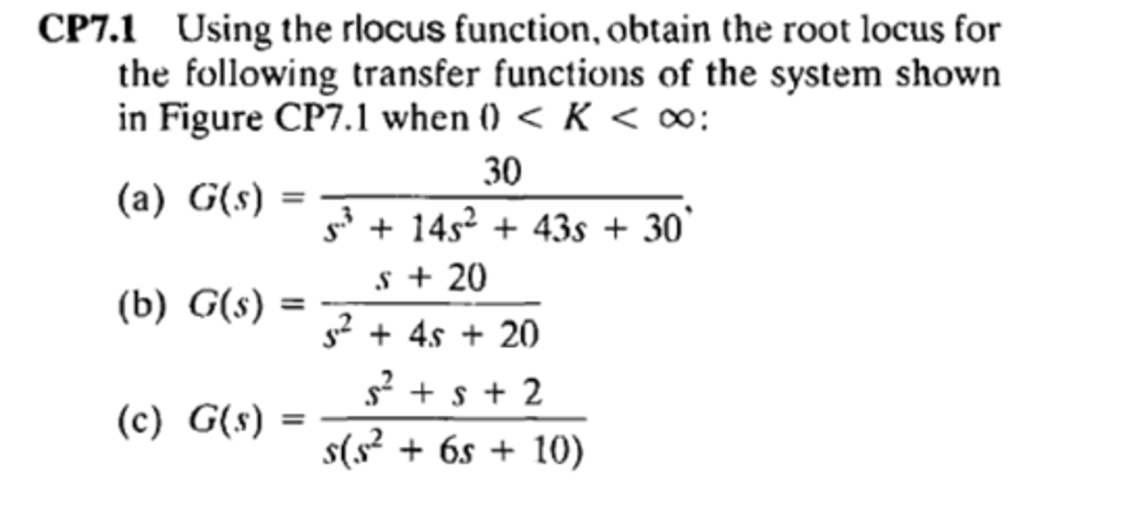 Solved Using The Rlocus Function Obtain The Root Locus For 9956