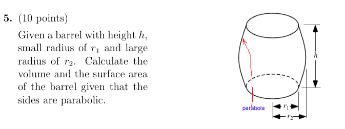 Solved Given a barrel with height h, small radius of r_1 and | Chegg.com