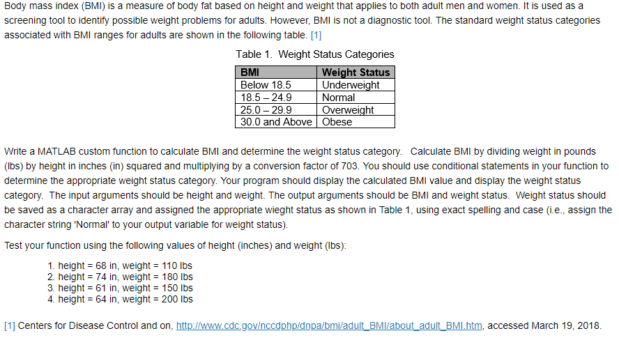 Solved Body mass index (BMI) is a measure of body fat based | Chegg.com