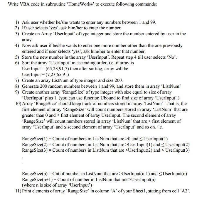 Solved Write Vba Code In Subroutine Homework4 To Execute 0499