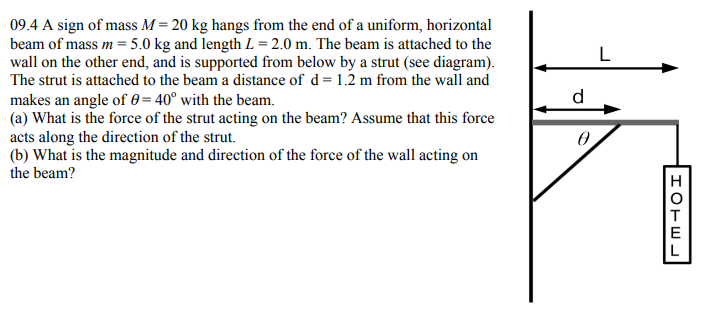Solved 09.4 A sign of mass M- 20 kg hangs from the end of a | Chegg.com