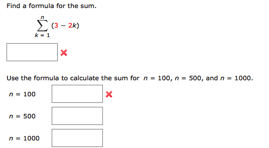Solved Find a formula for the sum. sigma k=1 to n (3-2k) | Chegg.com