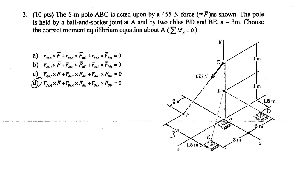 Solved 3. (10 pts) The 6-m pole ABC is acted upon by a 455-N | Chegg.com
