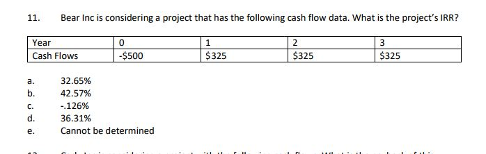 Solved 11. Bear Inc is considering a project that has the | Chegg.com