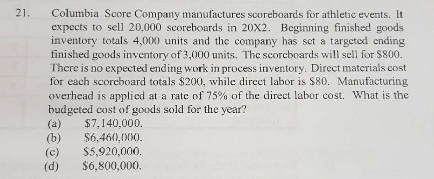 Solved 21. Columbia Score Company manufactures scoreboards | Chegg.com