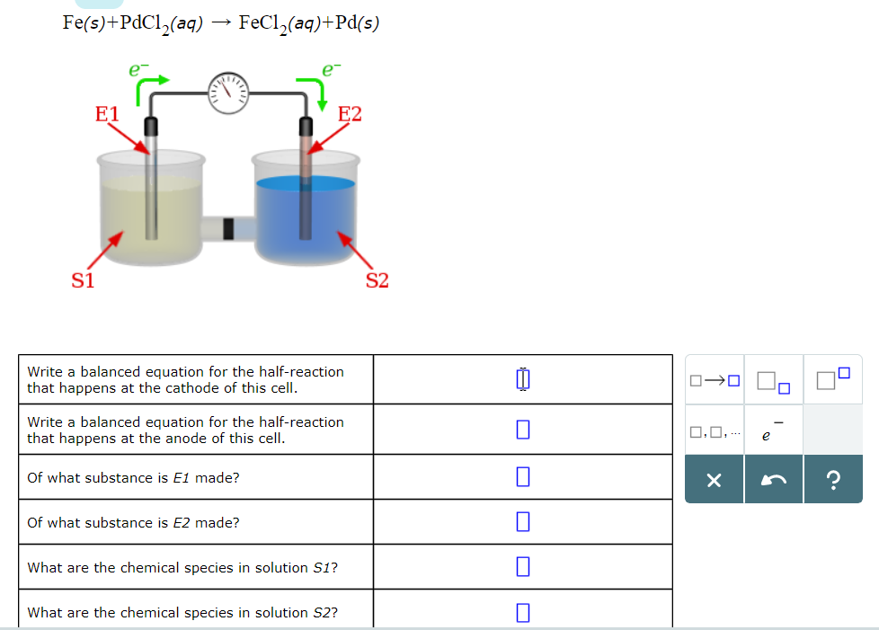 Solved Fe(s)+PdCl2(aq) → FeCl2(aq)+Pd(s) e- e- E1 E2 S1 S2 | Chegg.com