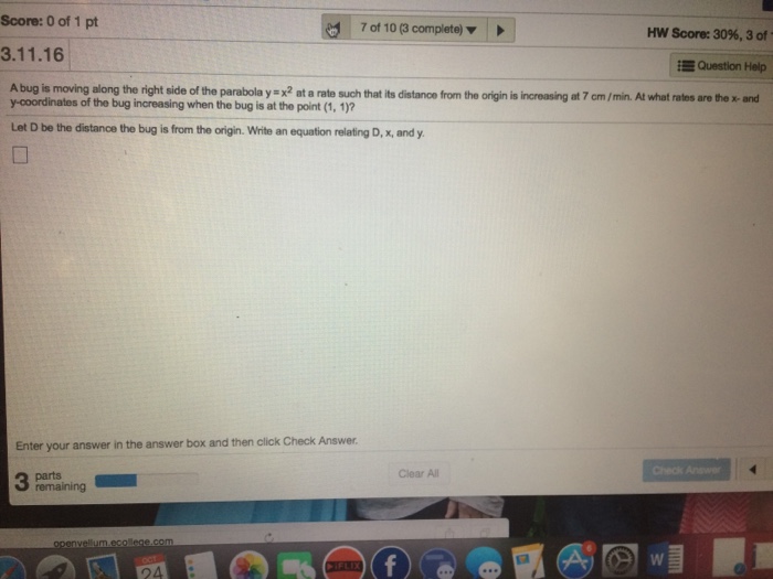 Solved A bug is moving along the right side of the parabola | Chegg.com