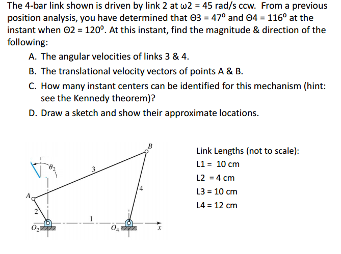 Solved The 4-bar link shown is driven by link 2 at omega2 = | Chegg.com