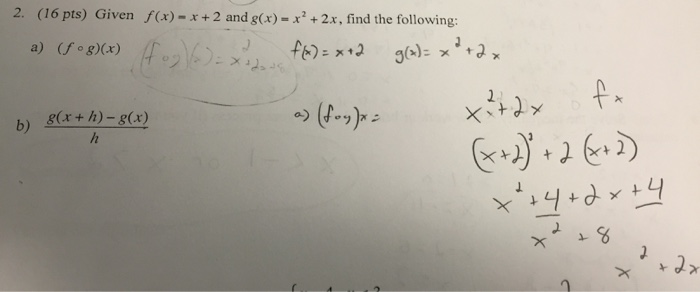 Solved Given f(x) = x + 2 and g (x) = x^2 + 2x, find the | Chegg.com
