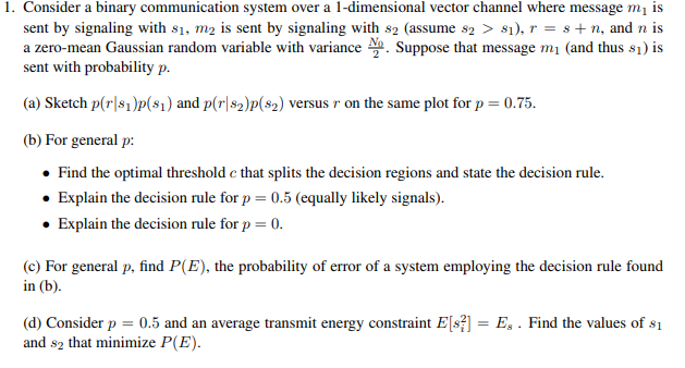 Solved 1 Consider A Binary Communication System Over A 