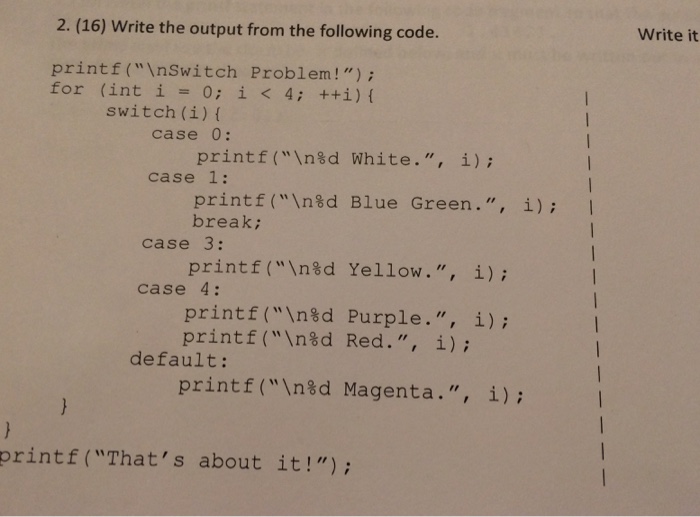 Solved Write the output from the following code. | Chegg.com