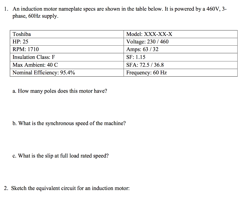 Solved An induction motor nameplate specs are shown in the | Chegg.com