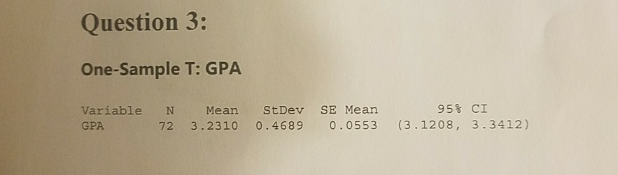 Solved Question 3: One-Sample T: GPA Variable N Mean StDev | Chegg.com