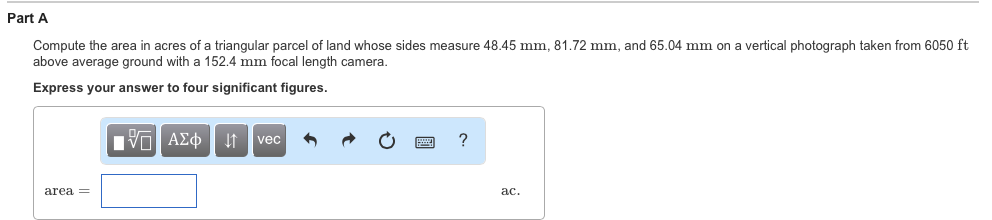 Solved Part A Compute the area in acres of a triangular | Chegg.com