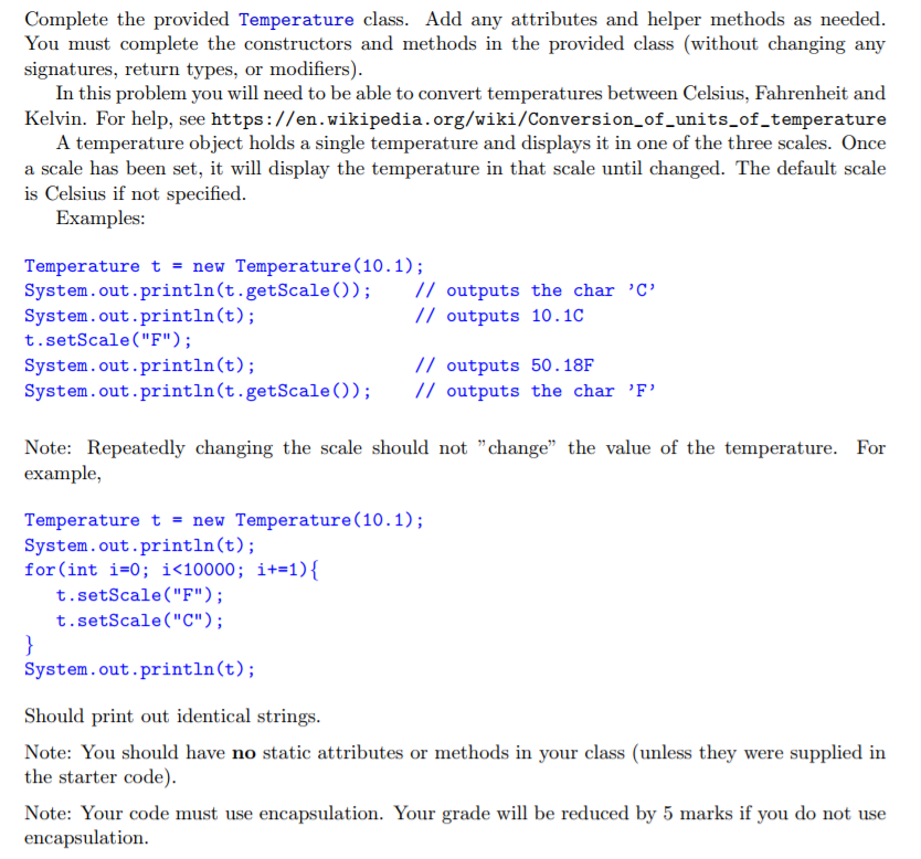 Solved Complete the provided Temperature class. Add any | Chegg.com