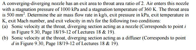 Solved A converging-diverging nozzle has an exit area to | Chegg.com