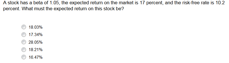 Solved A stock has a beta of 1.05, the expected return on | Chegg.com
