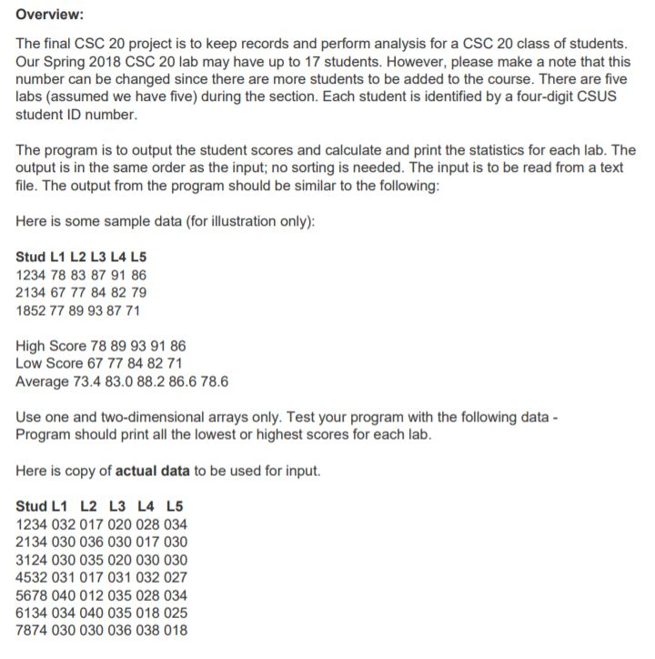 Solved Overview: The final CSC 20 project is to keep records | Chegg.com
