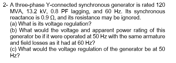 Solved 2- A three-phase Y-connected synchronous generator is | Chegg.com