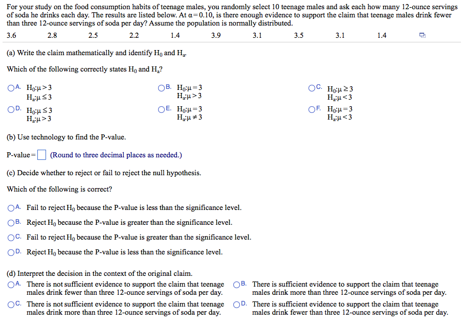 Solved For your study on the food consumption habits of | Chegg.com