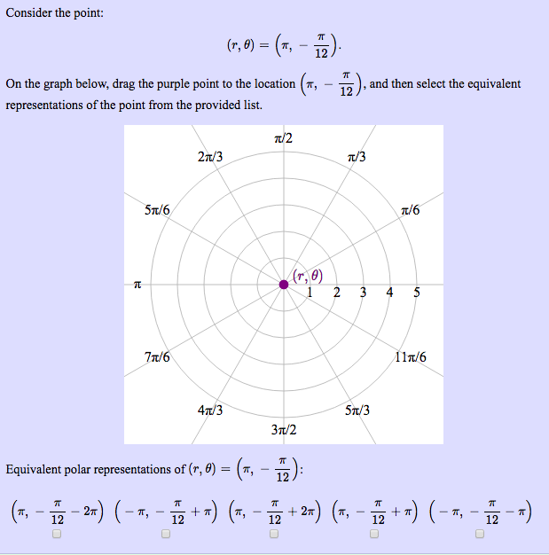 Solved Consider the point: (r, theta) = (pi, - pi/12). On | Chegg.com